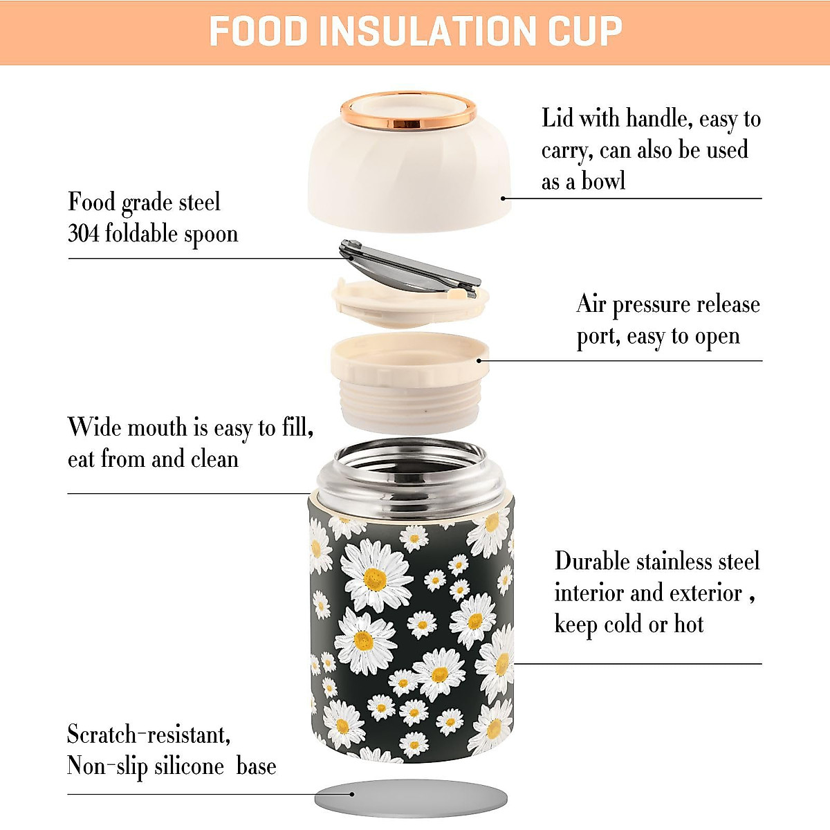 Floral Daisy Chamomile Flowers Kids Womens Lunch Insulated Jar with Spoon 17oz/500ml Insulated Lunch Box Stainless Steel Vacuum Food Warmer Lunch Containers for Hot/Cold Food