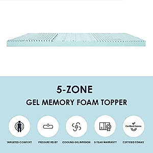 Mellow 4 Inch 5-Zone Memory Foam Mattress Topper, Cooling Gel Infusion, Full