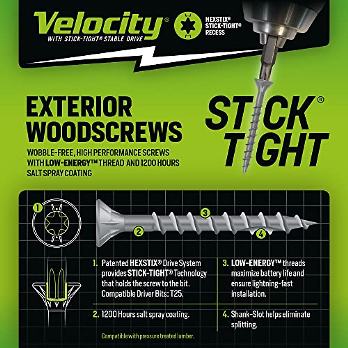 Velocity Exterior 2 Inch Wood Screws Contractor Pack (Size #8) – Stick Tight Technology, Made with Carbon Steel, Includes Hexstix Bit & Storage Organizer Fence Screws for Wood (450 Pieces)