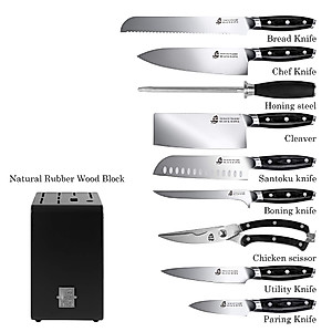TUO Kitchen Knife Set - 10 Pieces Knife Set with Wooden Block - Premium Forged German Stainless Steel, Ergonomic Pakkawood Handle - Black Hawk Series with Gift Box