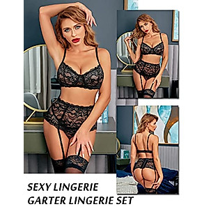 Avidlove Sexy Lingerie for Women Garter Lingerie Set High Waist Lingerie Underwire(Black,M