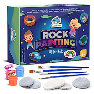 Brainy Shark Rock Painting Kit for Kids - Children's Arts and Crafts Set - 8 Rocks, 12 Paints, 4 Brushes, Googly Eyes, Metallic Paint Pen, Glitter Glue, Tattoo & Gem Stickers - Gift for Boys & Girls