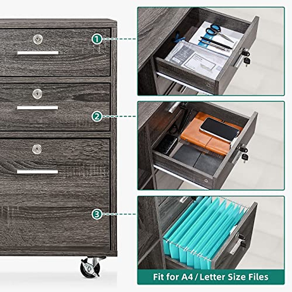 YITAHOME Wood File Cabinet, 3 Drawer Mobile Lateral Filing Cabinet, Storage Cabinet Printer Stand with 2 Open Shelves for Home Office Organization,Dark Grey