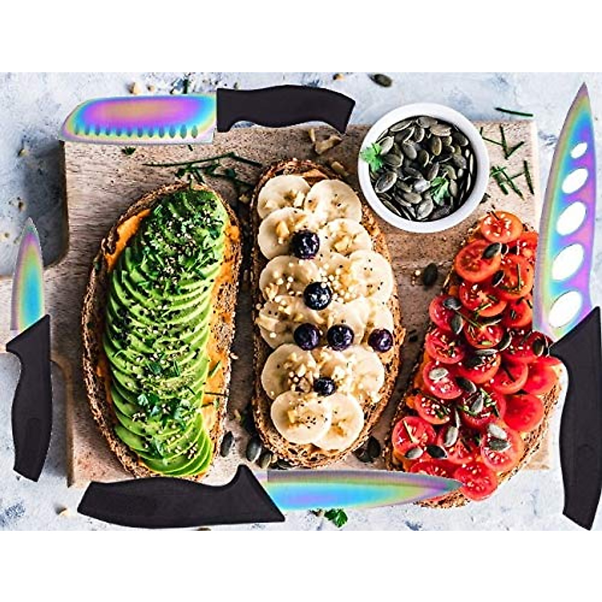 Lightahead 7pcs Premium Rainbow Colored Knife Set, 6 Stainless Steel Kitchen Knives with Chopping Board