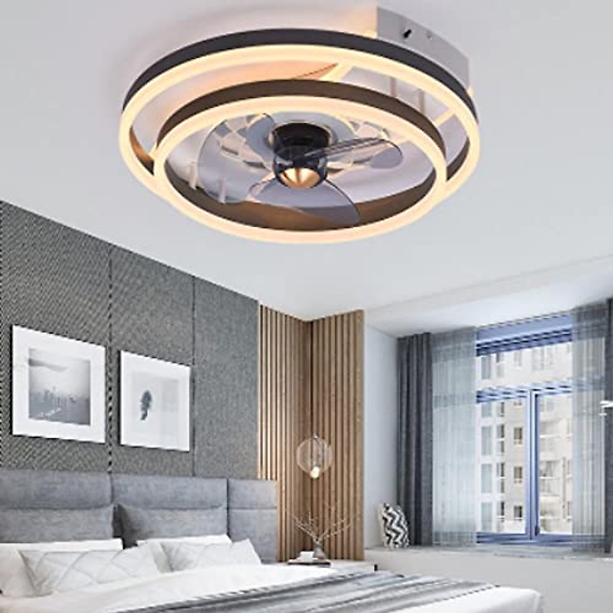 Modern Flush Mount Ceiling Fans Lights, 6 Speeds Timing Reversible Blades Modern Ceiling Fans, with 3 Color Dimmable Classic Ceiling Fans Lighting Fixture, for Small Room, Bedroom, Living Room ( Color
