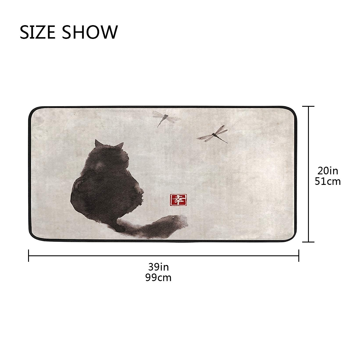 Retro Black Fluffy Cat Dragonfly Kitchen Floor Mat Bath Runner Rug Non Slip Area Mat Rug Absorbent Comfort Standing Mat Carpet for Indoor Outdoor Doormat 39 x 20 Inch