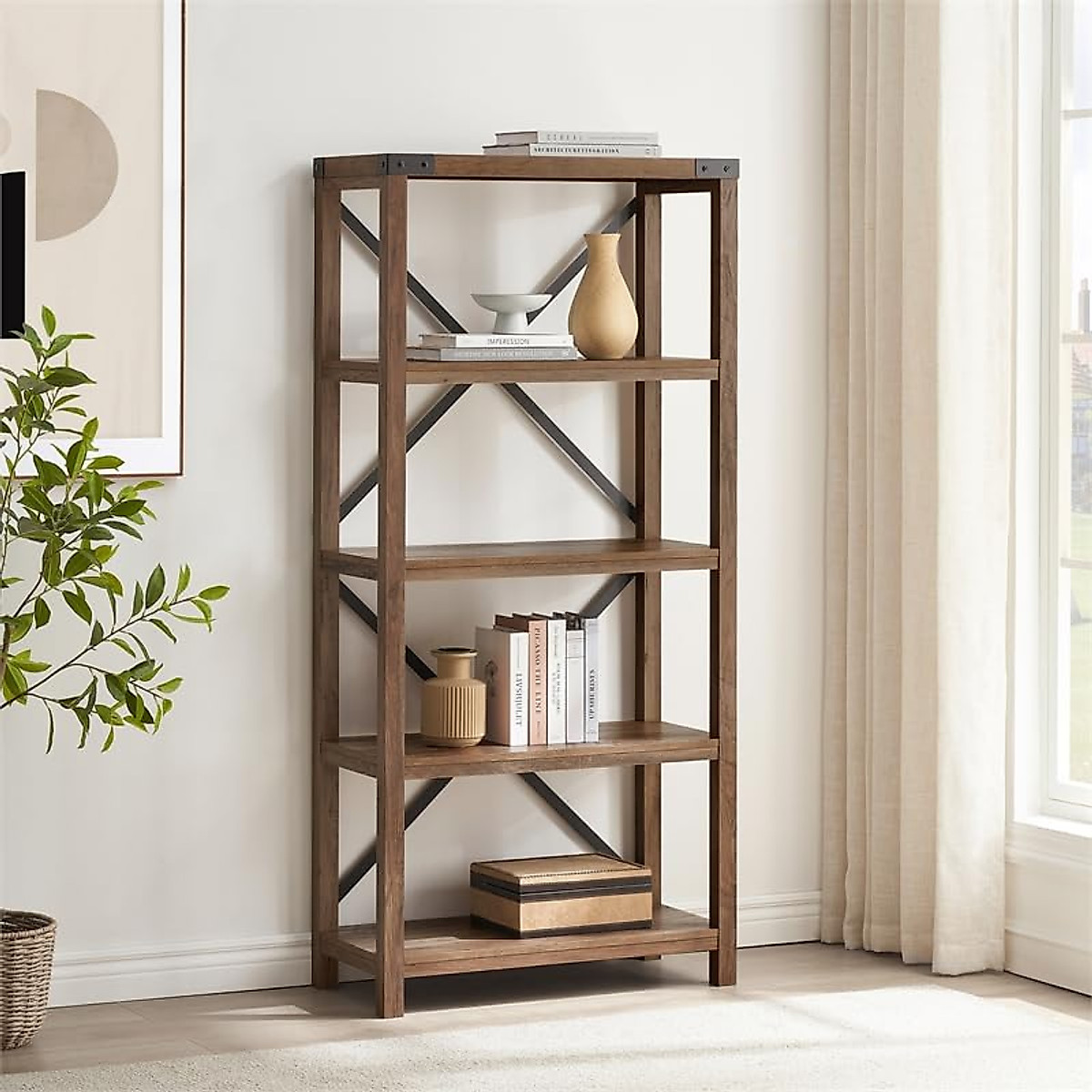 Walker Edison Andersen Urban Industrial Metal X Back 4 tier Bookshelf, 64 Inch, Rustic Oak