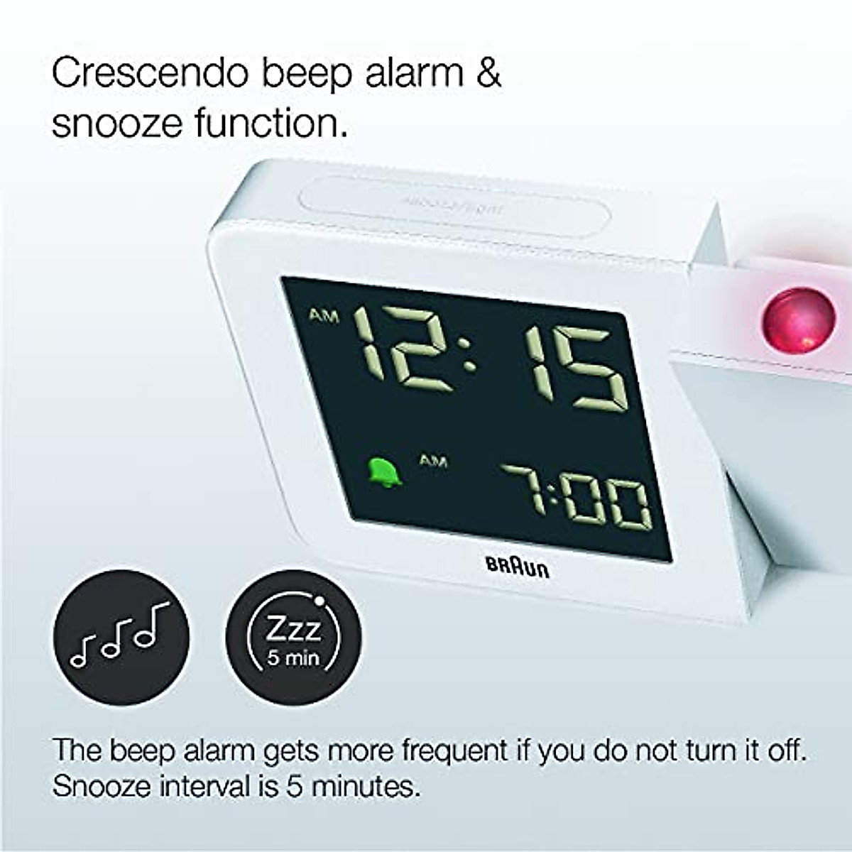 Braun Digital Projection Alarm Clock with 4 Backlight Options, Negative LCD Display, Quick Set, Beep Alarm in White, Model BC15W