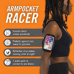 Armpocket Racer Plus Arm Band, Running Phone Holder for iPhone 12/13 Mini, Galaxy S7 Edge, Pixel 4A, & Devices Without Cases Up to 6.3 Inches, 10 to 15-inch Black Strap