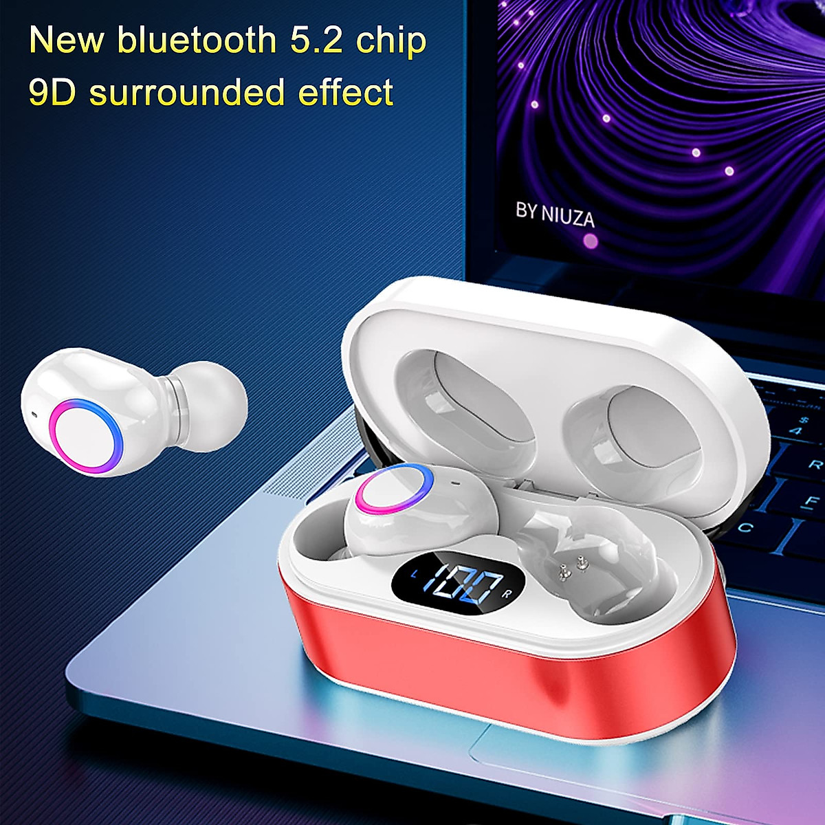 Q&F Tech F12 True Wireless Earbuds, LED Touch Bluetooth 5.2 Earphone, Intelligent Digital Display TWS Headset, Mini Sports in-Ear Headphone, Waterproof/Sweat-Proof, Small/Mini Size_Black