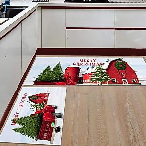 Big buy store Kitchen Rug Sets 2 Piece Christmas Barn Red Truck Non Slip Anti Fatigue Floor Mats Winter Farmhouse Comfort Soft Absorb Cushioned Standing Doormat Runner Rugs (19.7x31.5+19.7x47.2 inch)