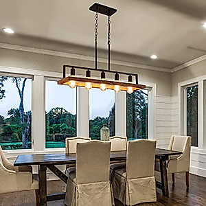 Fivess Lighting 5-Light Rustic Wood Kitchen Island Lighting,Oak Wood and Metal Linear Chandelier,Retro Industrial Pendant Light Fixture for Kitchen Island Dining Room Farmhouse,Black
