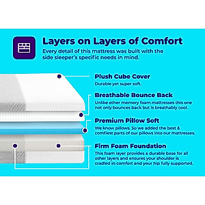 Pillow Cube Breathable Cooling 3-Layer Memory Foam Mattress for Side Sleepers w/Hip, Neck, and Shoulder Support & Mattress Cover, Queen