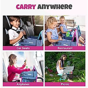 Kids Travel Tray with Dry Erase Board, Car Seat Lap for Food & Play Activity, Carseat Table Trays for Toddler, Kid Activity Desk for Air Travel, No-Drop Tablet Holder & Borders (Grey with Pink Frame)