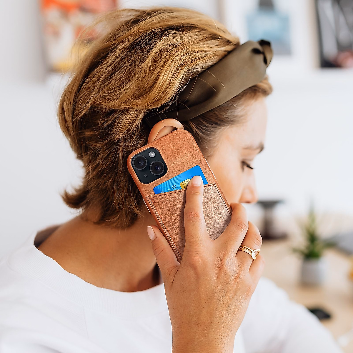 LUCKYCOIN Genuine Leather Wallet Phone Case for iPhone 13 Mini, Phone Purse with Credit Card Holder, Compatible with iPhone 13 Mini,Metal Button Bumper Protective Shockproof Cover TAN