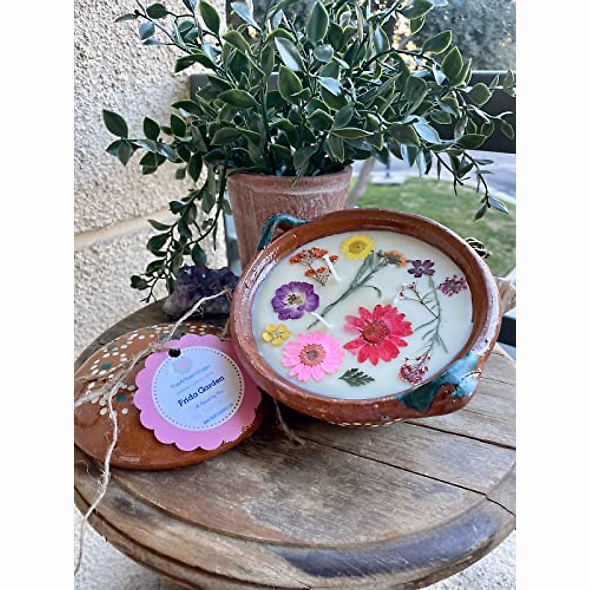 Frida Garden Cazuelita Candle Up Cycle Mexican Pottery Candle Bowl with Lid