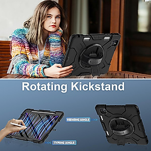 GROLEOA Case for iPad Pro 11 inch 2022/2021: Military Grade Shockproof Protective Cover with Screen Protector for iPad Pro 11 4th Gen 2022 / 3rd Gen 2021 + Pencil Holder + Stand + Strap- Black