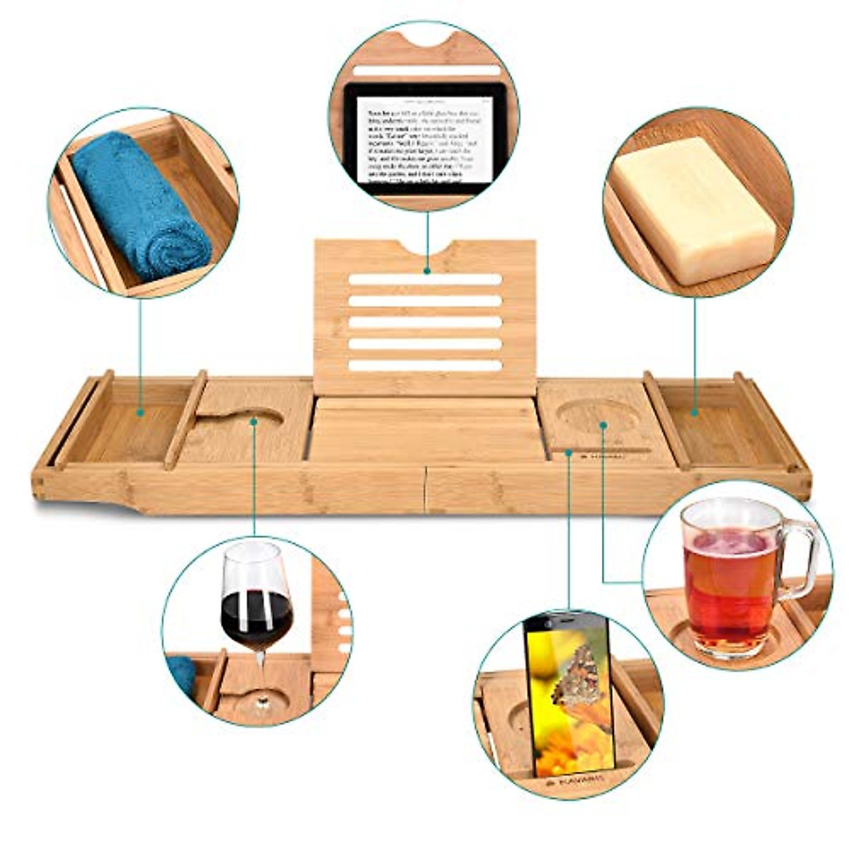 Navaris Bed and Bath Tray - Wooden Rack with Folding Legs - Bamboo Bathtub Caddy Bridge Shelf with Book or Tablet Stand - Natural Brown