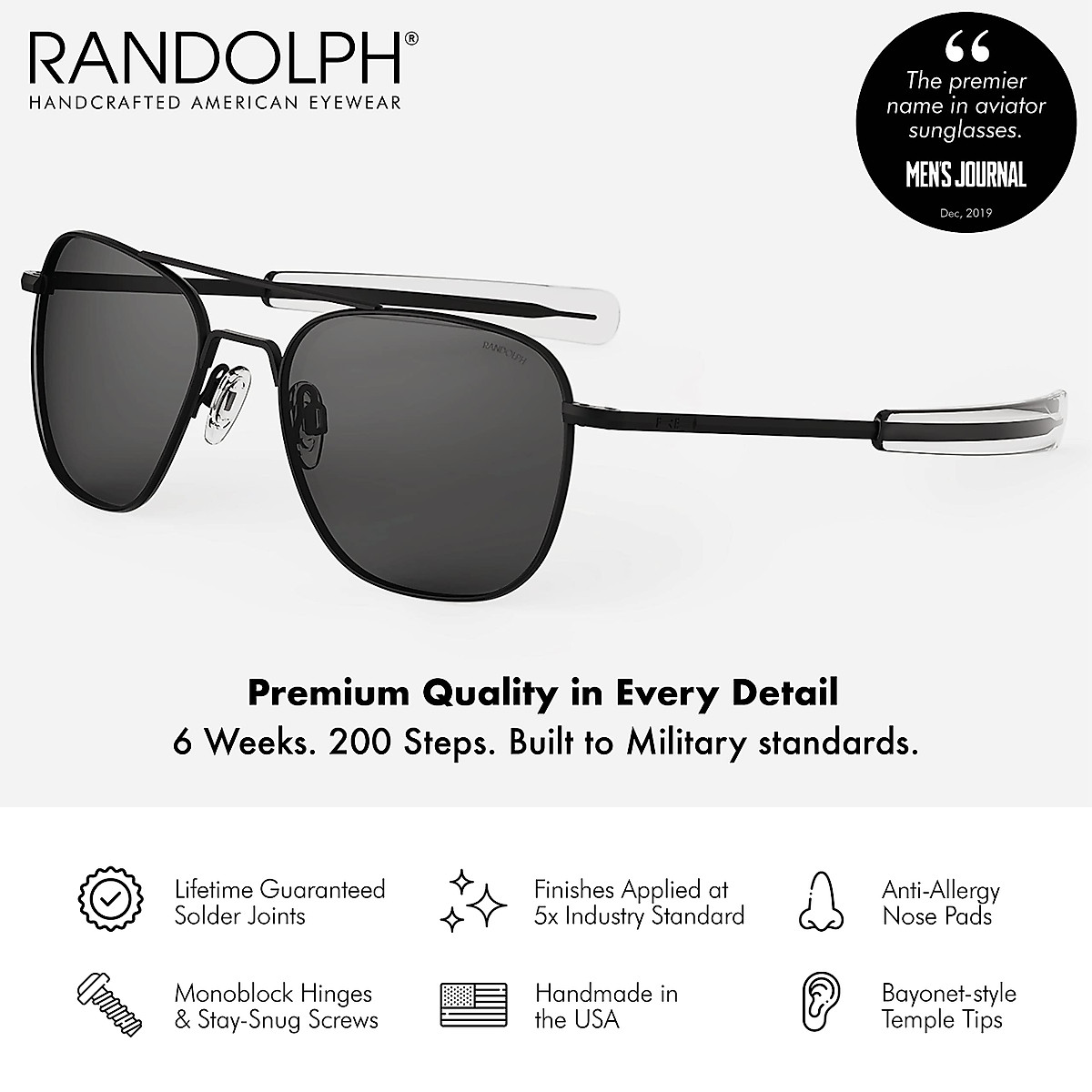 Randolph USA | Matte Black Classic Aviator Sunglasses for Men or Women 100% UV