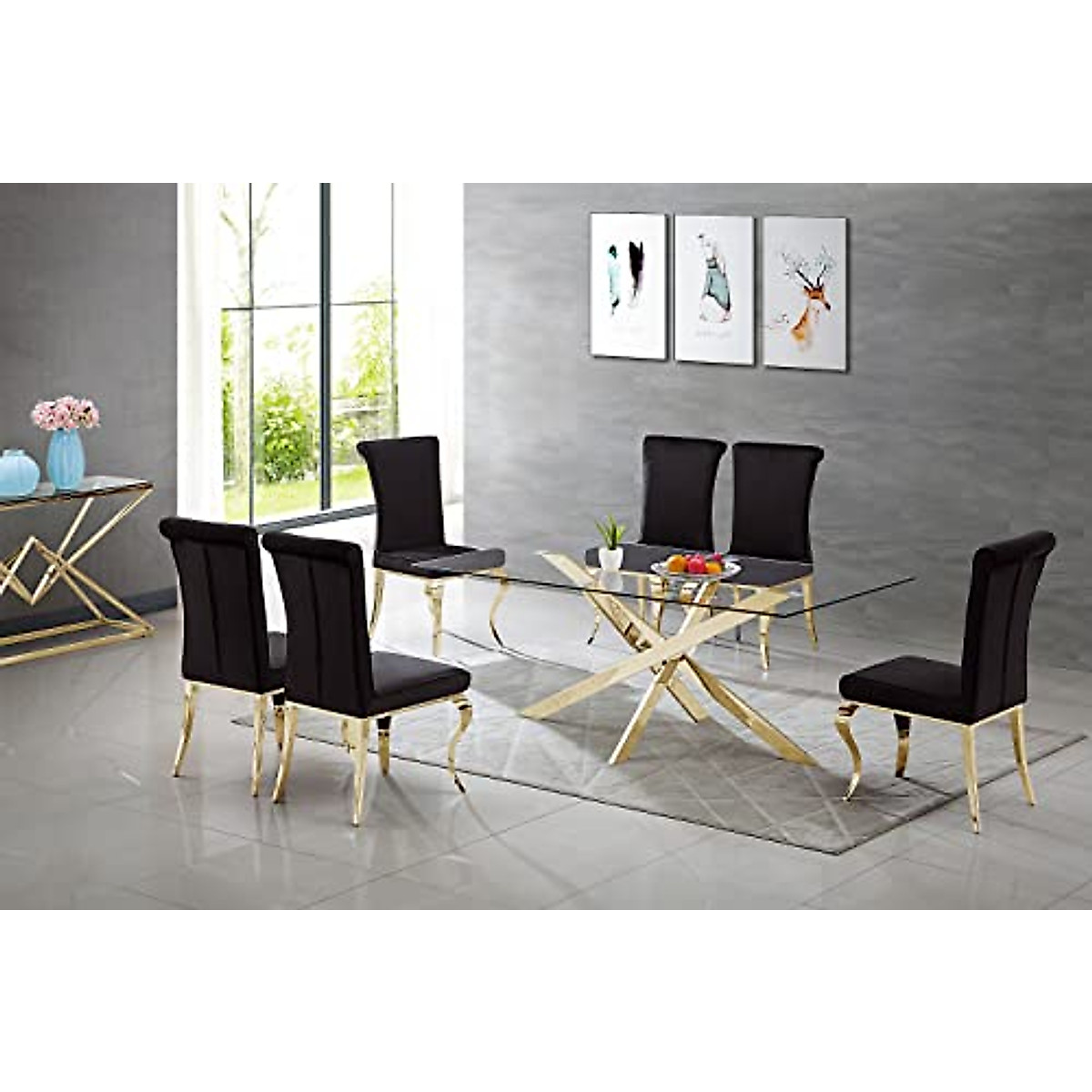 Glass Dining Table for 6 - Dining Room Table with Gold Stainless Steel Legs, 63 inch Rectangular Dining Table Kitchen Table, Modern Dining Table for Kitchen Dining Room, Home Office Furniture