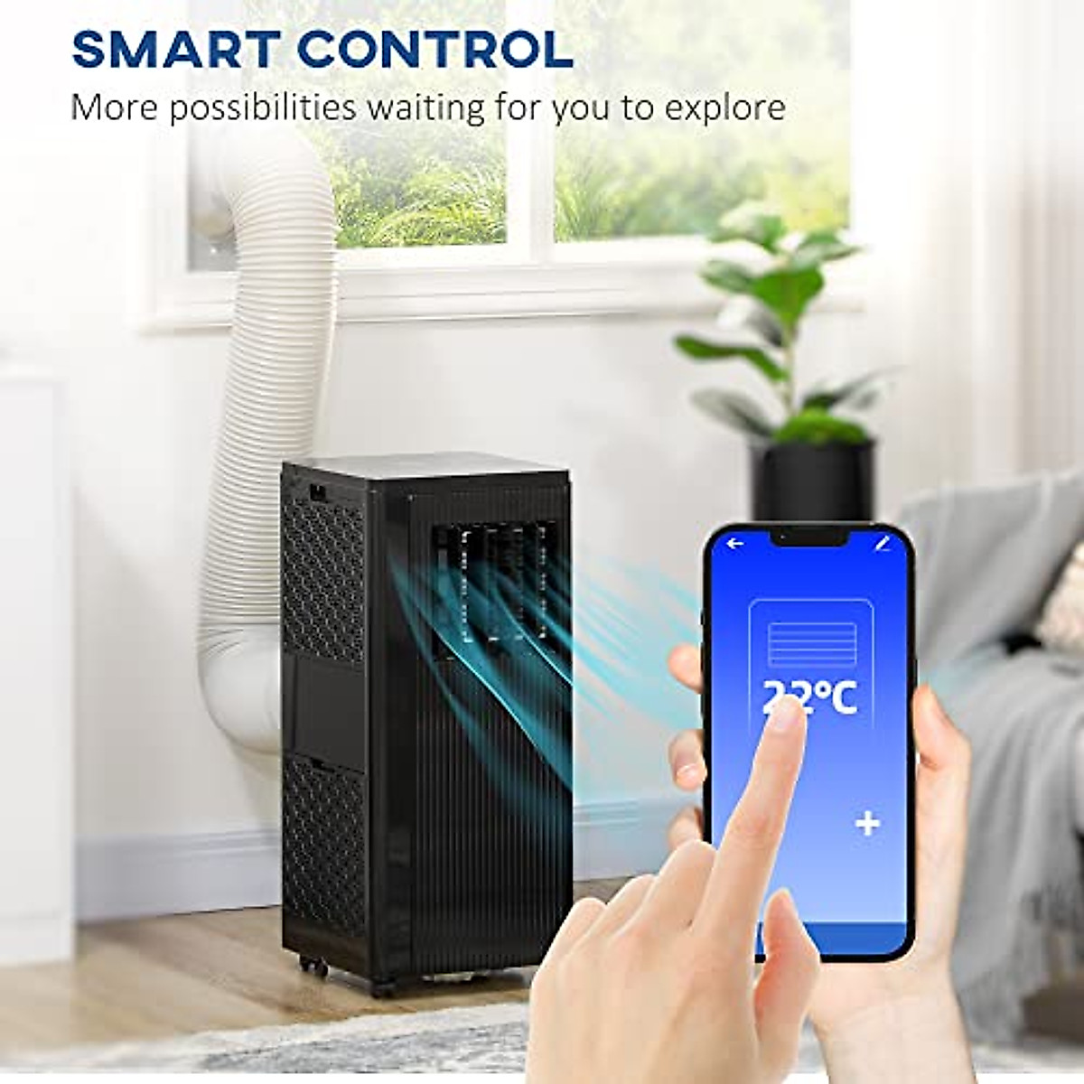HOMCOM 8,000 BTU Smart WiFi Portable Air Conditioners for Rooms Up to 215 Sq. Ft., Cool Dehumidifier Fan 3-in-1 Portable AC Unit with Remote, 24H Timer, Window Mount Kit Included, Black