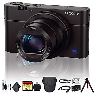 Sony Cyber-Shot DSC-RX100 IV Camera DSCRX100M4/B with Soft Bag, Tripod, 2X Extra Batteries, LED Light, 2X 64GB Memory Card, Card Reader, Plus Essential Accessories