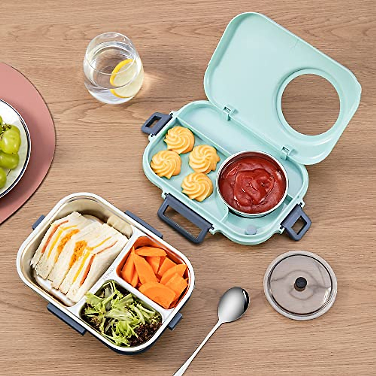 VANDHOME Bento Lunch Box Stainless Steel with Utennsil & Bag - 3 Compartment 37oz Compact Lunch Containers, BPA-Free, Dishwasher Freezer Safe - Blue
