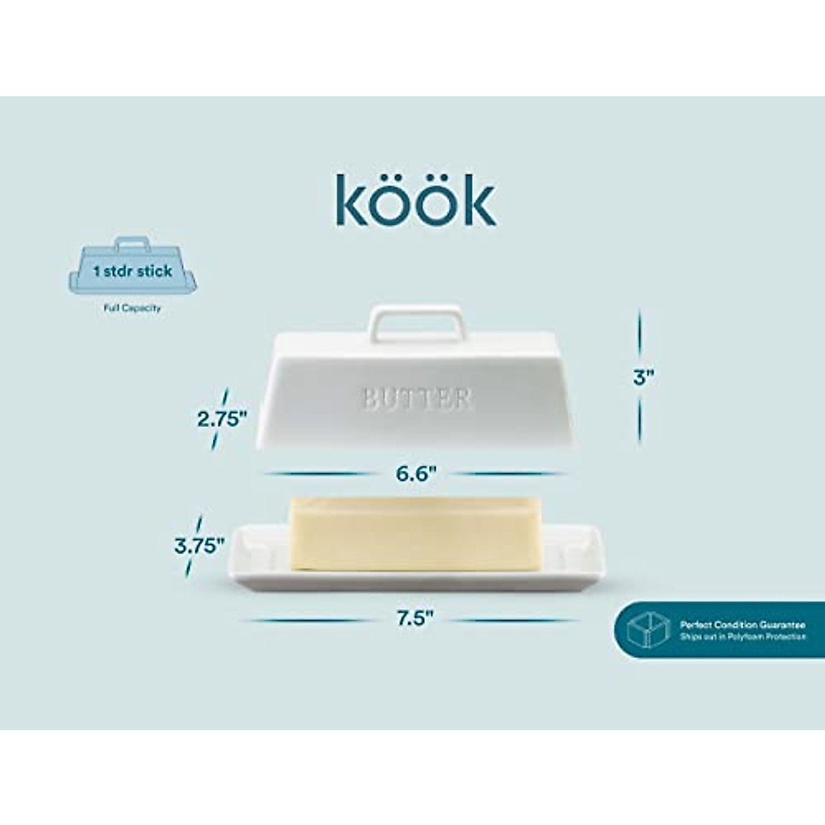 Kook Ceramic Butter Dish with Lid, Kitchen Countertop Butter Keeper, Serving Tray with Cover, Storage Container, Holds 1 Stick, Microwave and Dishwasher Safe, White