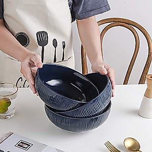 KOOV 58 OZ Ceramic Large Bowl Set, Large Salad Bowls Set, Big Bowl for Eating, Pho Bowl Set, Soup Bowl Microwave Safe, Ceramic Serving Bowl Set of 3, Irregular Striped Series (Aegean)