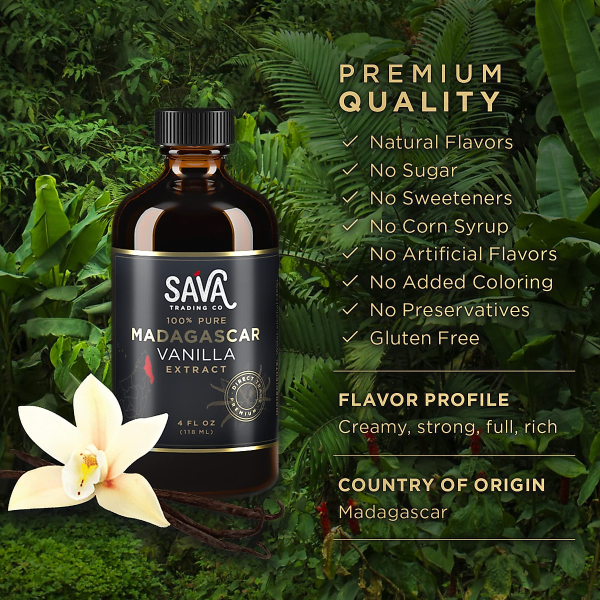 SAVA Madagascar Vanilla Extract – 100% Pure Vanilla Extract from High-Quality Madagascar Vanilla Beans – No Sugar Added Gourmet Vanilla Extract – Baking Supplies (4 Oz)