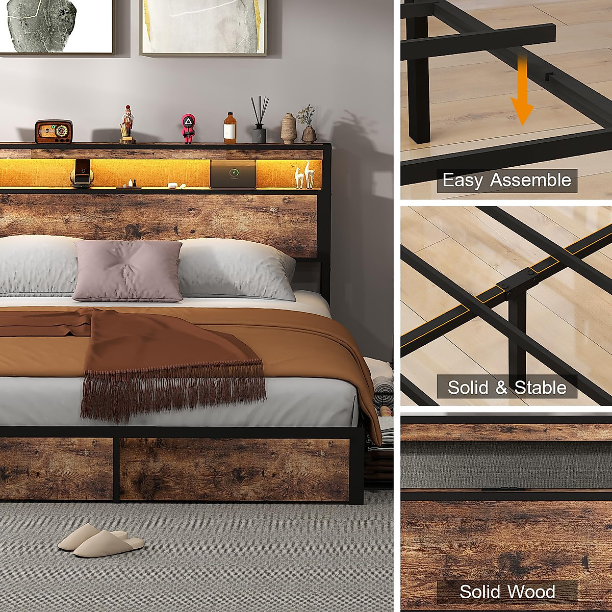 SADENICEL Queen Bed Frame with Storage Headboard and 4 Drawers, Metal Platform Bed Frame with LED Light, Charging Station, No Box Spring Needed, Noise Free, Easy Assembly, Vintage Brown