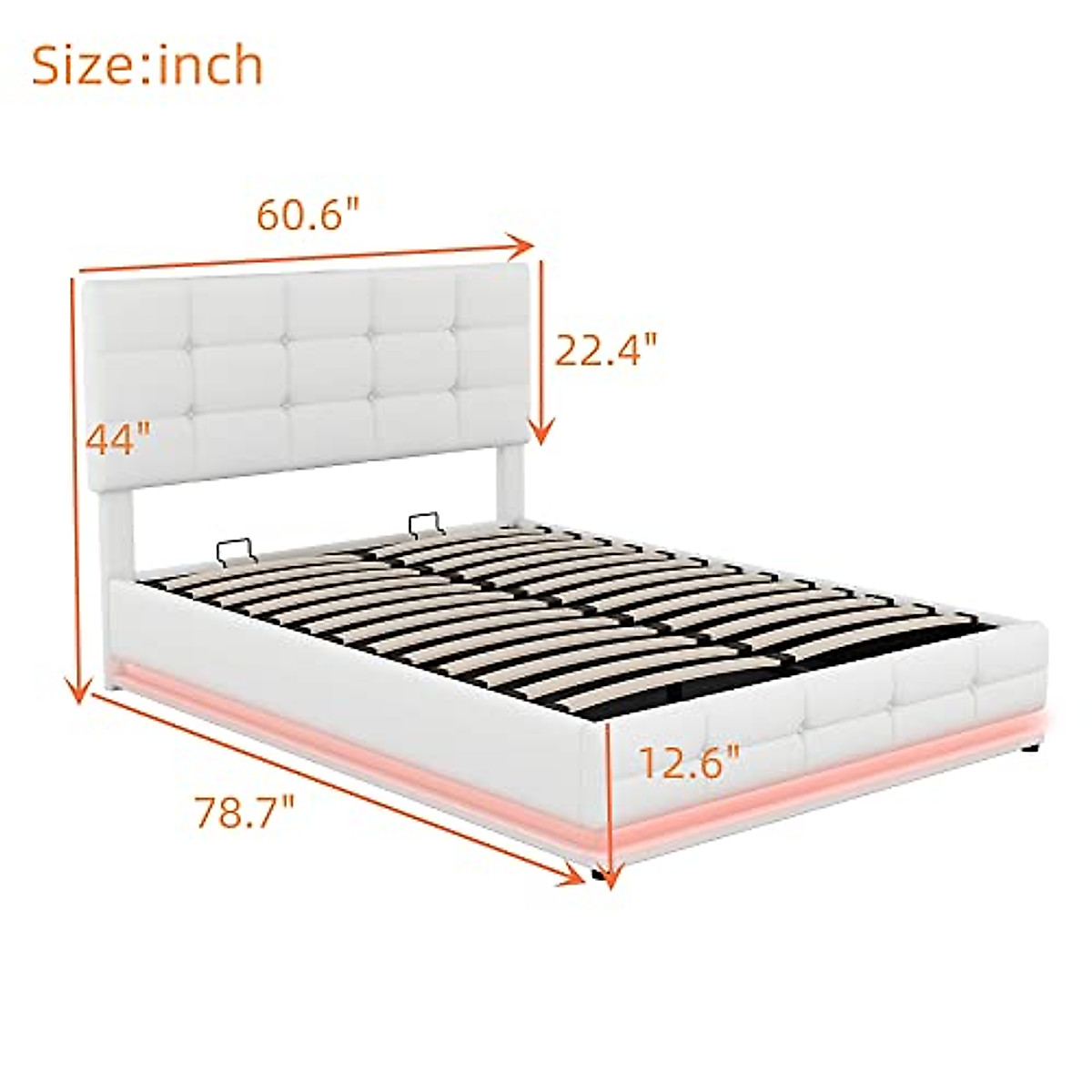 Full Size Lift Up Storage Bed/with Storage and LED Light Button Tufted Wingback adjustable headboard and USB Charger, Hydraulic Storage System for Kids Teens and Adults, No Box Spring Needed (White)