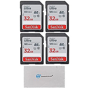 SanDisk 32GB Ultra SD Memory Card (4 Pack) SDHC UHS-I Card 120 MB/s Class 10 (SDSDUN4-032G-GN6IN) Bundle with (1) Everything But Stromboli Micro Fiber Cloth