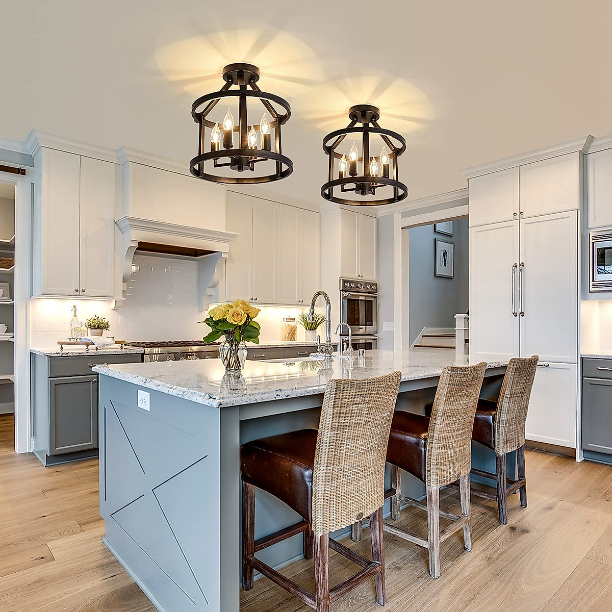 UOFUS Metal Semi Flush Mount Ceiling Light Fixture 4 Candle Holder Matte Chandelier Farmhouse Ceiling Lamp for Dining Room Bedroom Kitchen Hallway Entryway（Black）