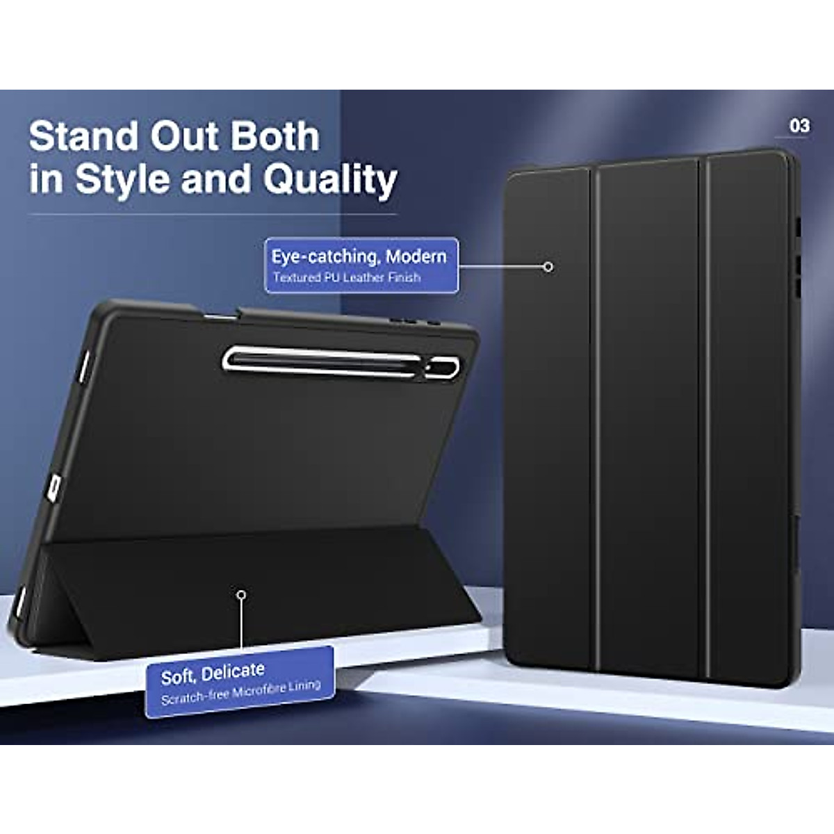 MoKo Case Fits Samsung Galaxy Tab S8 Plus 12.4 Inch 2022 (SM-X800/SM-X806) /S7 FE 2021/S7 Plus 2020, Shockproof Full Body Trifold Stand TPU Back Cover Case with Pen Holder Slot/Auto-Wake, Black