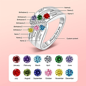 MissNaNa Personalized Mother Birthstone Ring with 1-6 Simulated CZ Birthstone Sterling Silver Mother Days Ring Custom Engraved Name Rings for Mom Grandma Women Her (6 stone)