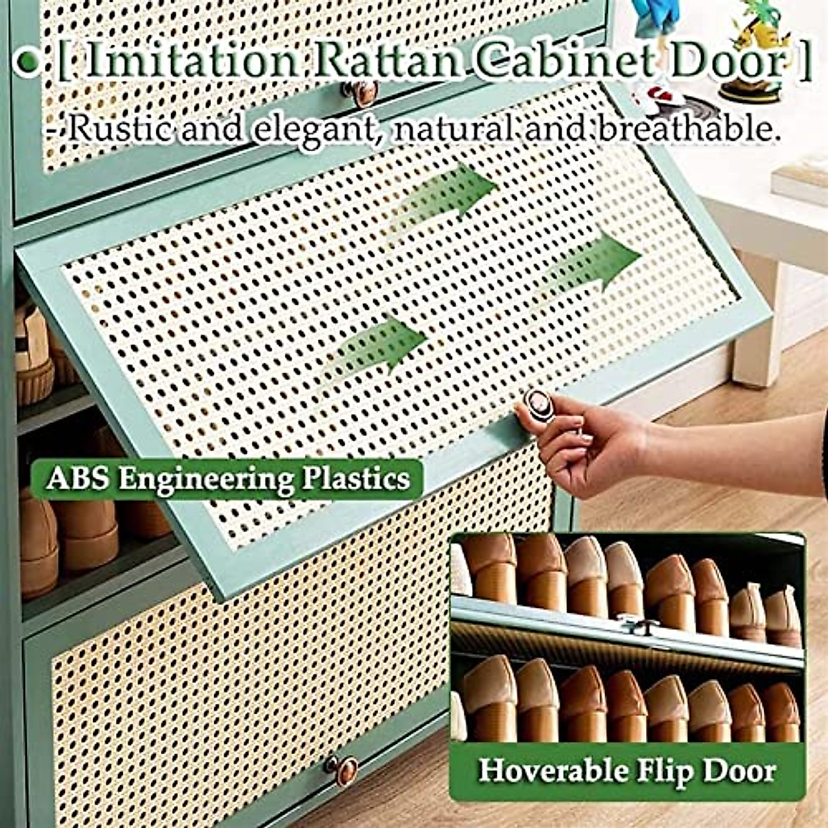 QQXX Bamboo Shoe Cabinet,Modern Entryway Shoe Storage Cabinet with Rattan Doors,Flip Shoe Rack Cabinet Shoe Organizer,Premium Storage Cabinet for Hallway Bathroom Kitchen(4tiers-31.5", Green)