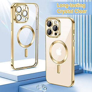 Hython Magnetic Clear for iPhone 13 Pro Max Case with Camera Lens Protector [Compatible with MagSafe] Plating Edge Slim Soft TPU Cover Protective Phone Case for iPhone 13 Pro Max 6.7", Gold