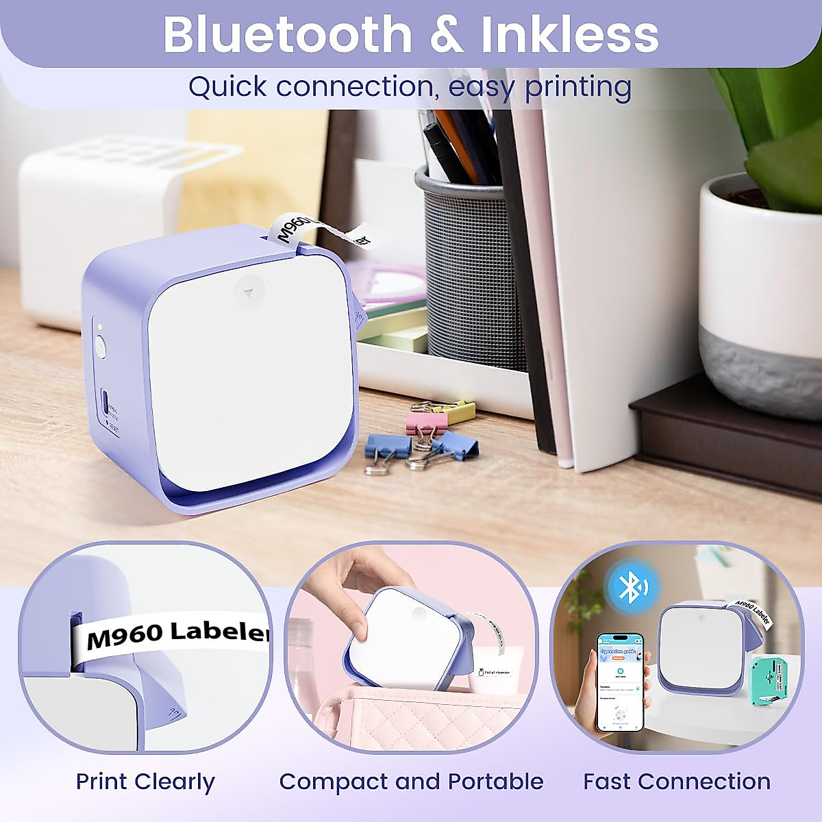 Vixic Label Maker Machine, Bluetooth Labeler, Inkless & Portable Min Label Maker, 12mm 0.47'' Labeling Tapes, Easy to Use, Multiple Icons for Home School Organizing, Rechargeable, M960 Purple