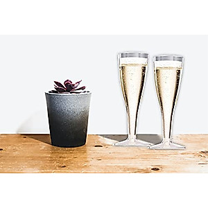 BloominGoods 50 Plastic Silver Glitter Champagne Flutes | 7 oz. Clear Hard Disposable Party & Wedding Glass | Premium Heavy Duty Fancy Cup (50-Pack)