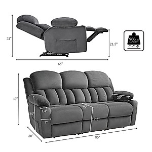 VanAcc Recliner Couch, 3 Seater Sofa Recliner with Cup Holders for Living Room- 85 inch Comfy Couch with Dual Wingback Recliner, Grey Oversized Recliner