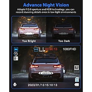 Dash Cam, 3 Channel Dash Cam, 1080P Dash Cam Front and Inside, Triple Dash Cam Front and Rear Inside, Dash Camera with 32GB Card, HDR, G-Sensor, 24Hr Parking, Loop Recording