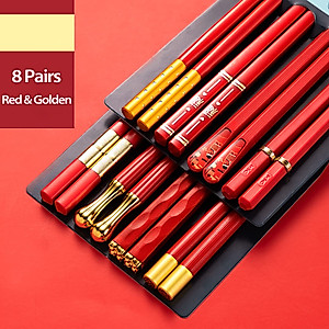 5 Pairs Chopsticks Reusable Fiberglass Dishwasher Safe, 9.57 inch/24.3cm Matte Non-Slip Family/ Hotel/ Restaurant Japanese Chinese Chop Sticks, Christmas & New Year Gift, Red&Gold