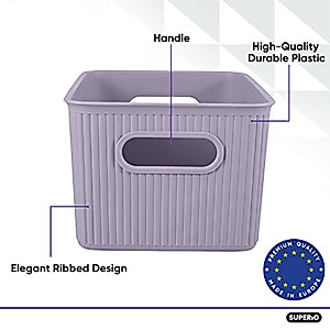 Superio Ribbed Collection - Decorative Plastic Open Home Storage Bins Organizer Baskets, Medium Lilac Purple (1 Pack) Container Boxes for Organizing Closet Shelves Drawer Shelf 5 Liter
