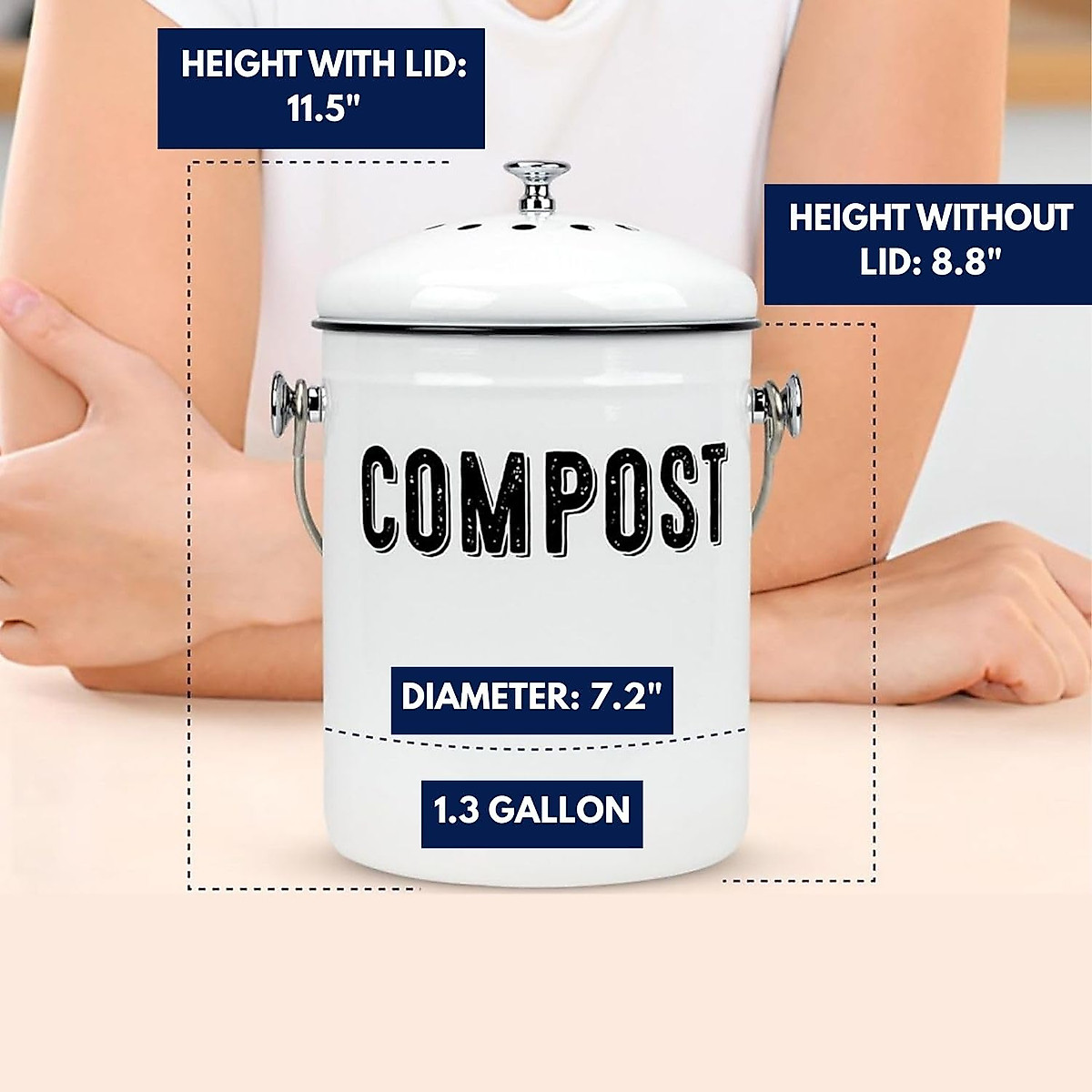 Granrosi Compost Bin Kitchen, Kitchen Compost Bin Countertop, Indoor Compost Bin, Countertop Compost Bin with Lid, 100% Rust Proof Compost Bucket w/ Non-Smell Charcoal Filters, 1.3 Gallon - White