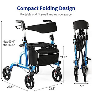SIMGOAL Rollator Walker with Seat Mobility Lightweight Folding Rolling Walker Medical Walker with 8'' Wheels Blue