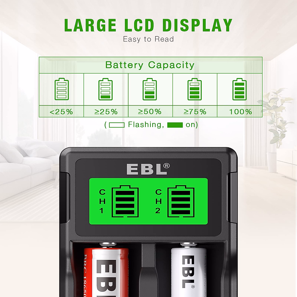 EBL Universal 18650 Battery Charger for 3.7V Lithium ion Rechargeable Batteries 26650 22650 18650 18490 18350 17670 17500 16340 (RCR123) 14500 and 1.2V Ni-MH Ni-CD Rechargeable C AA AAA Batteries