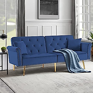 HUAYICUN Loveseat Convertible Sleeper Sofa, Modern Velvet Futon Sofa with 2 Pillows, Modern Armchair Accents Couch Metal Legs Lounge Chairs for Living Room