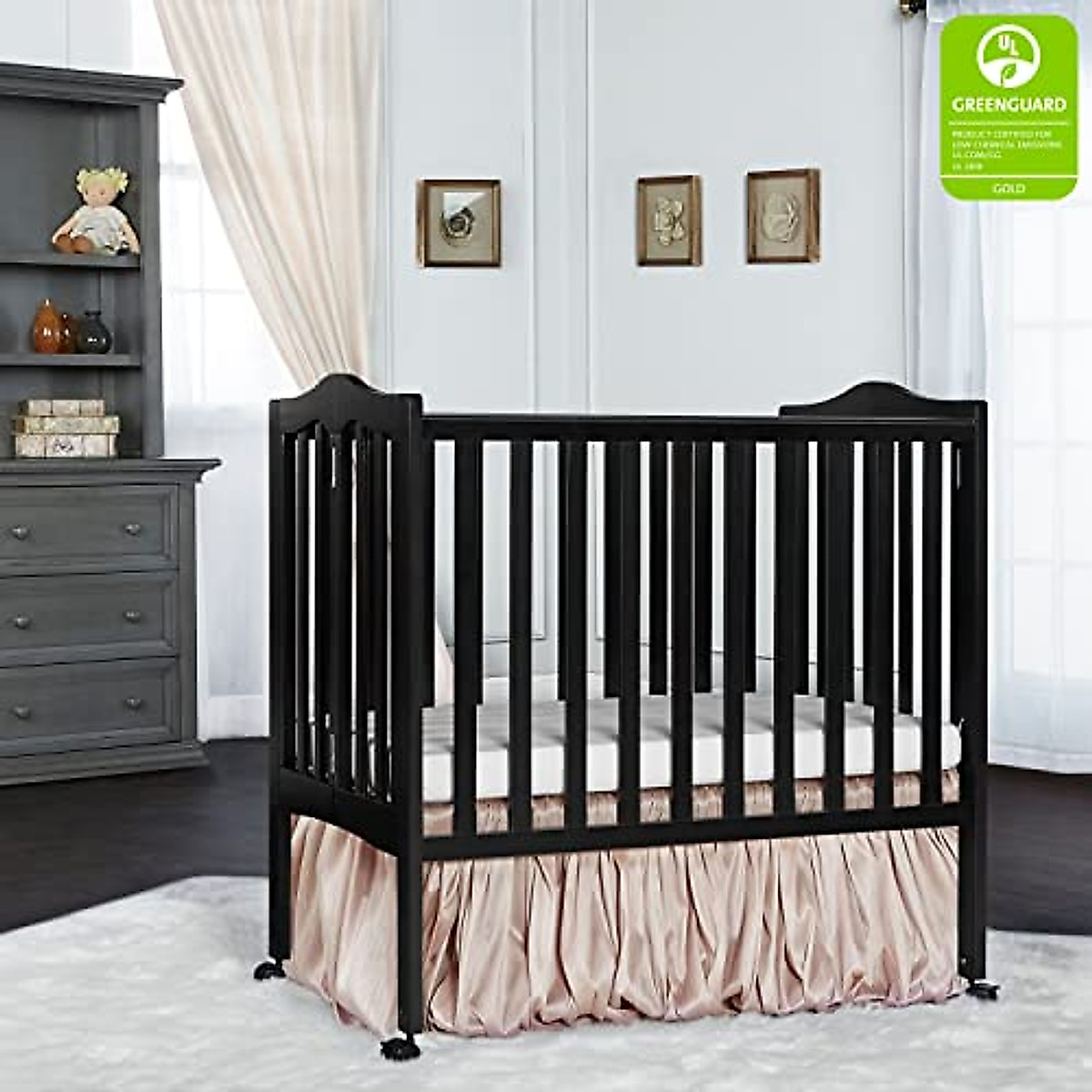 Dream On Me 2-in-1 Lightweight Folding Portable Stationary Side Crib in Black, Greenguard Gold Certified 40x26x38 Inch (Pack of 1)