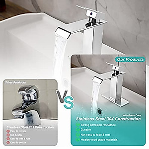 M OUDEMEI Waterfall Spout Bathroom Sink Faucet, 4 Inch Centerset Vanity Sink Faucet, Single Handle Lavatory Faucet, Mixer Tap with Deck Plate for 1 OR 3 Hole Easy Installation (Chrome)